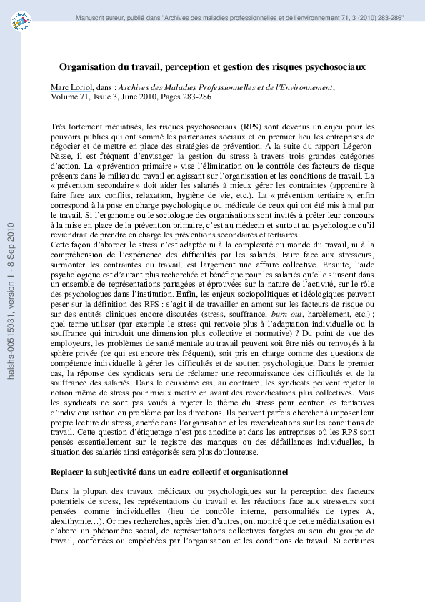 (PDF) Organisation du travail, perception et gestion des risques ...