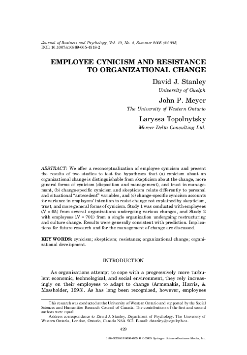 (PDF) EMPLOYEE CYNICISM AND RESISTANCE TO ORGANIZATIONAL CHANGE