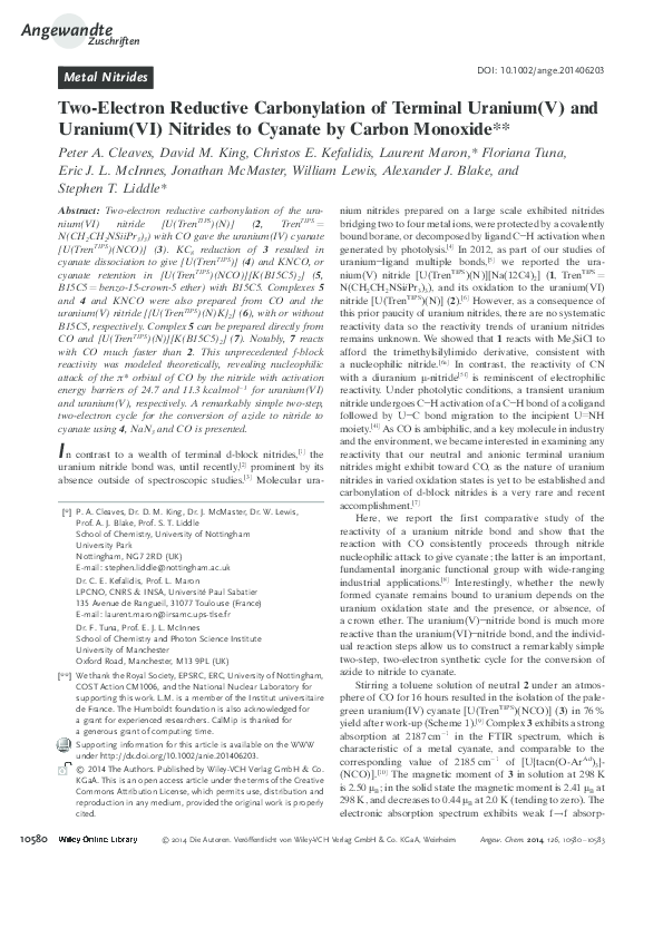 (PDF) Two-electron reductive carbonylation of terminal uranium(V) and ...
