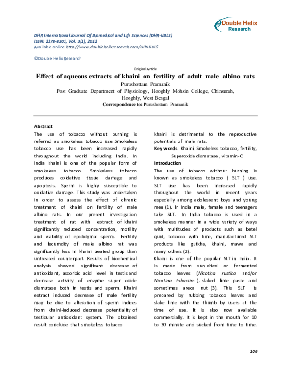 (PDF) Effect of aqueous extracts of khaini on fertility of adult male ...