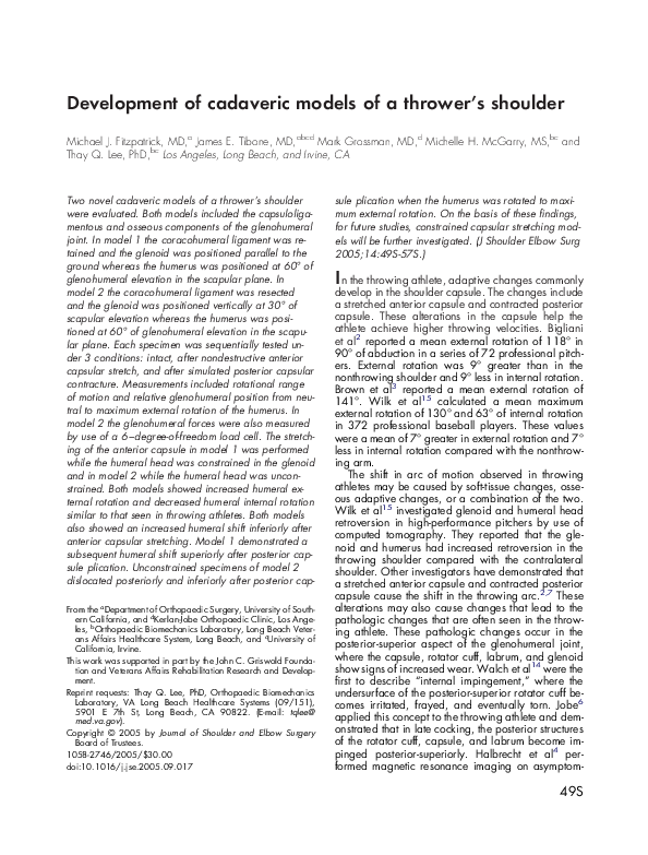 (PDF) Development of cadaveric models of a thrower’s shoulder