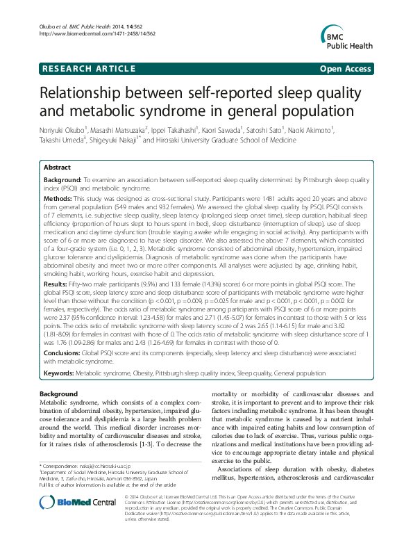 (PDF) Relationship between self-reported sleep quality and metabolic syndrome in general ...