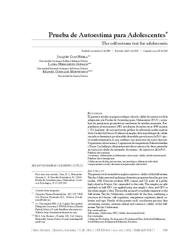 (PDF) Prueba de Autoestima para Adolescentes * The self-esteem test for ...