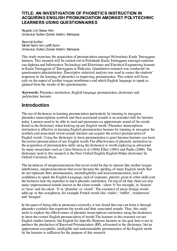 (DOC) TITLE: AN INVESTIGATION OF PHONETICS INSTRUCTION IN ACQUIRING ...