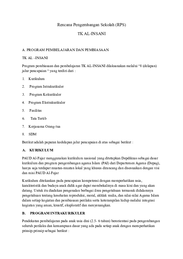 (DOC) Rencana Pengembangan Sekolah (RPS) TK AL-INSANI