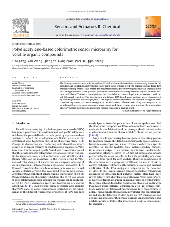 Pdf Polydiacetylene Based Colorimetric Sensor Microarray For Volatile