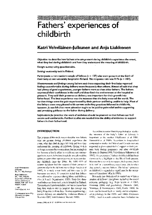 (PDF) Fathers' experiences of childbirth