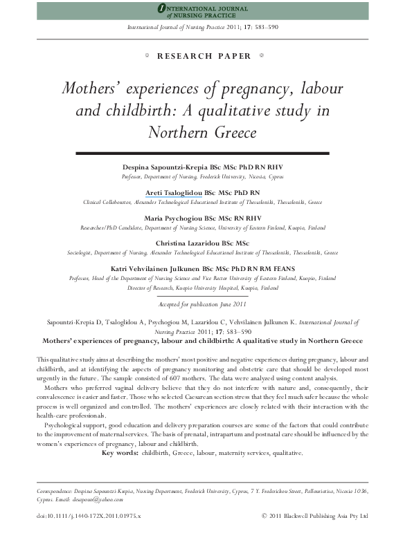 (PDF) Mothers' experiences of pregnancy, labour and childbirth: A ...