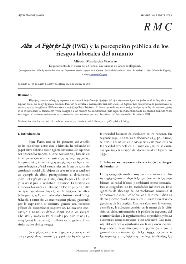 (PDF) Alice—A Fight for Life (1982) y la percepción pública de los ...