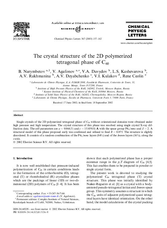 (PDF) The crystal structure of the 2D polymerized tetragonal phase of C60