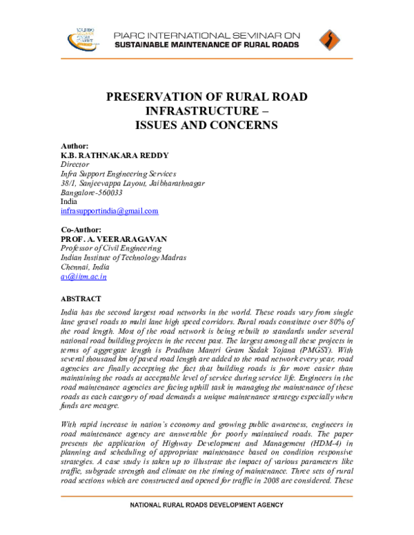 (PDF) PRESERVATION OF RURAL ROAD INFRASTRUCTURE – ISSUES AND CONCERNS