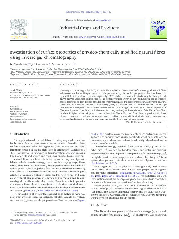 Pdf Investigation Of Surface Properties Of Physico Chemically Modified Natural Fibres Using