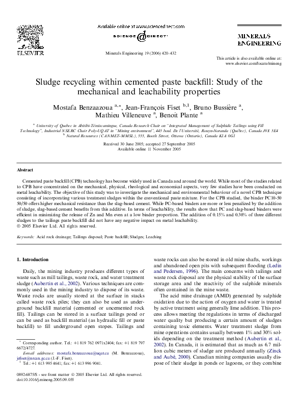 (PDF) Sludge recycling within cemented paste backfill: Study of the mechanical and leachability ...