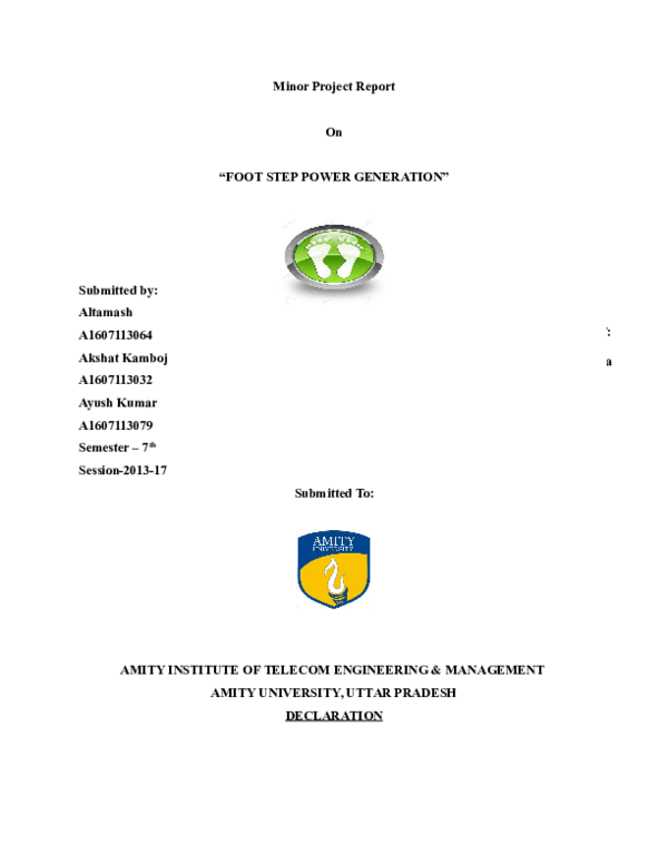 (DOC) Minor Project Report On " FOOT STEP POWER GENERATION