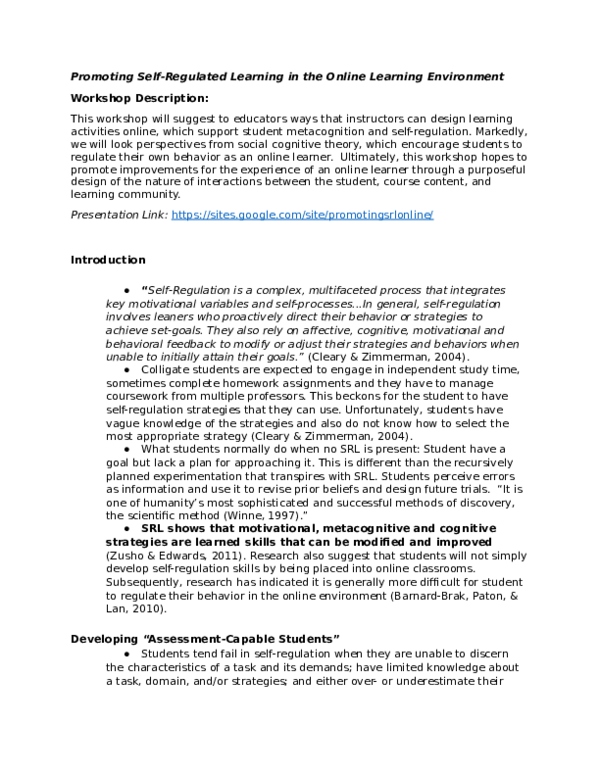 (DOC) Self-Regulated Learning Online