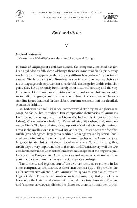 (PDF) FORTESCUE, Michael (2016): Comparative Nivkh Dictionary.