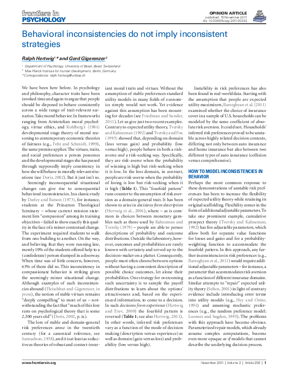 (PDF) Behavioral Inconsistencies Do Not Imply Inconsistent Strategies ...