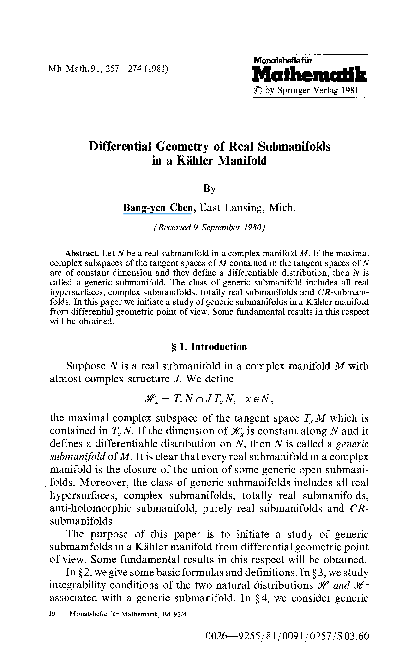 (PDF) Differential geometry of real submanifolds in a K hler manifold