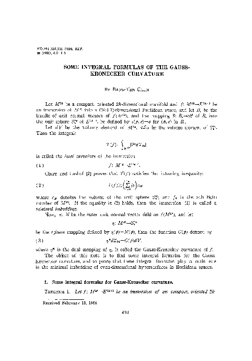 (PDF) Some integral formulas of the Gauss-Kronecker curvature