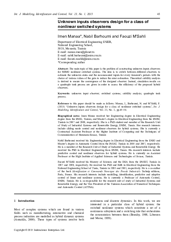 Pdf Unknown Inputs Observers Design For A Class Of Nonlinear Switched Systems Nabil Barhoumi