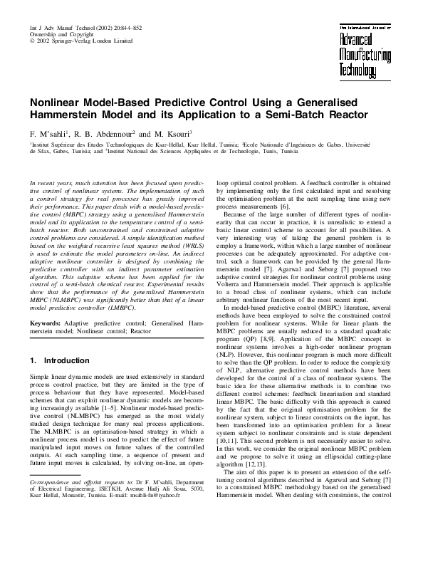 (PDF) Nonlinear Model-Based Predictive Control Using a Generalised Hammerstein Model and its ...