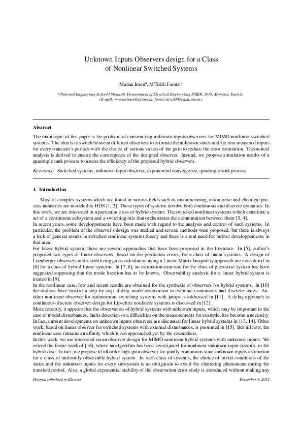 (PDF) Active Mode Detection for a Class of Hybrid Dynamic Systems | Fayssal Arichi - Academia.edu