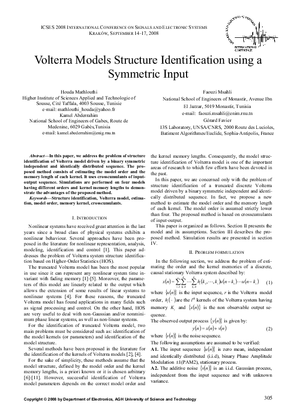 (PDF) Volterra Models Structure Identification using a Symmetric Input
