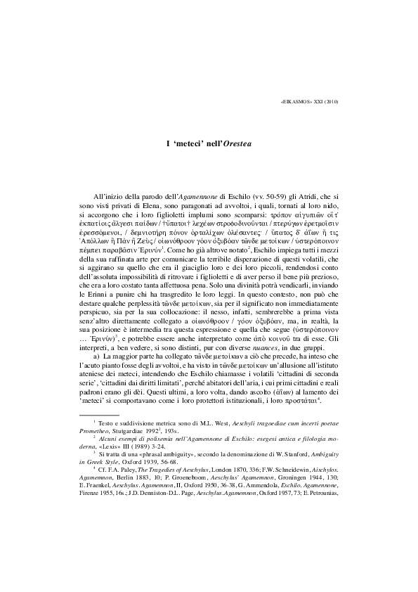 (PDF) I ‘meteci’ nell’Orestea, « Eikasmòs » XXI (2010) 29-39