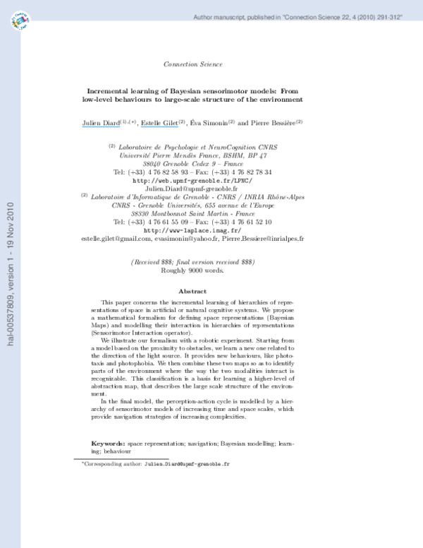 Pdf Incremental Learning Of Bayesian Sensorimotor Models From Low Level Behaviours To Large