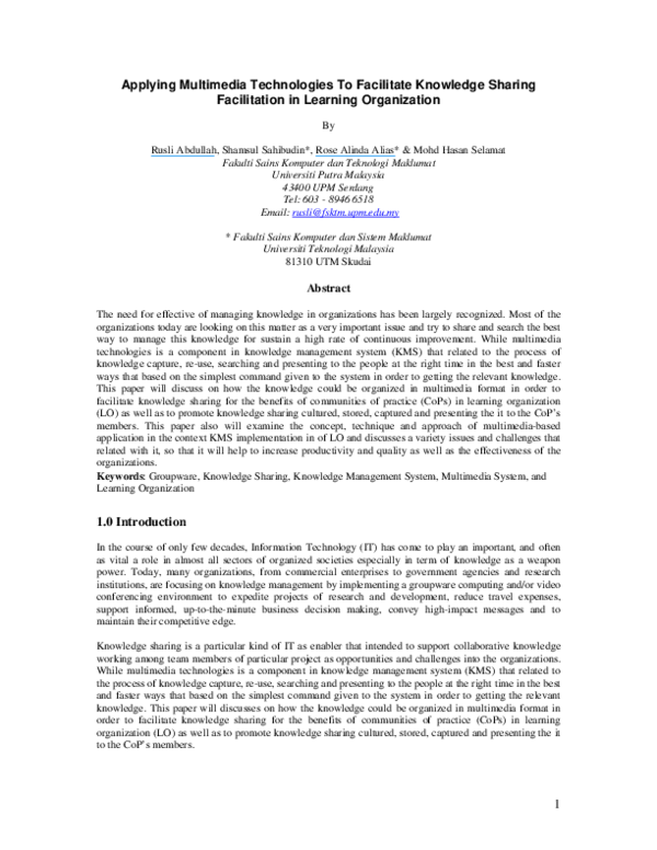 (PDF) Applying Multimedia Technologies To Facilitate Knowledge Sharing ...