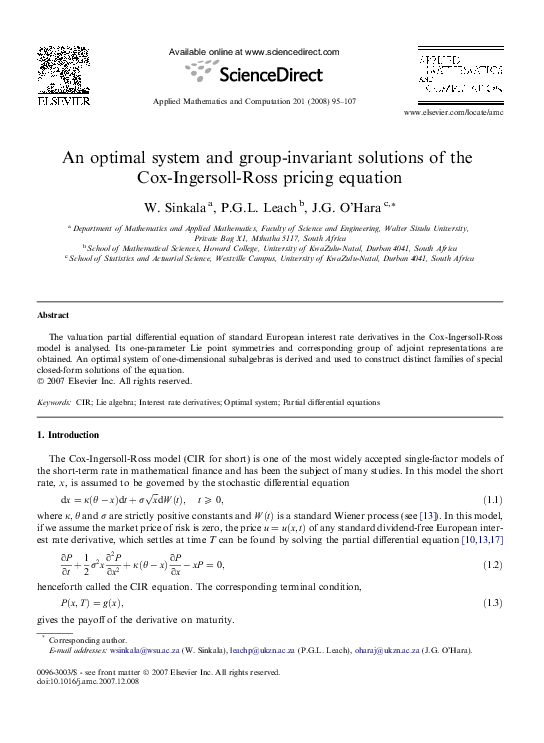 (PDF) Invariant criteria for the zero-coupon bond pricing Vasicek and Cox-Ingersoll-Ross Models ...