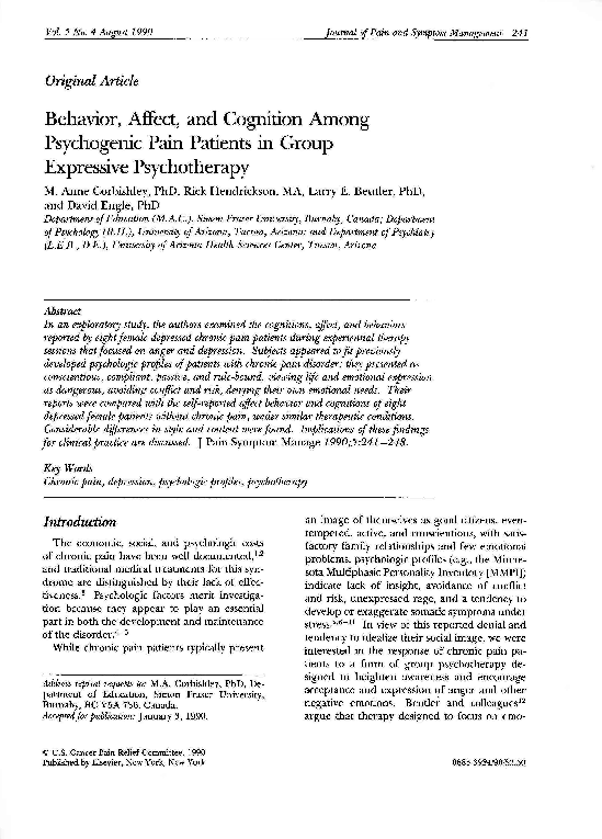 (PDF) Behavior, Affect, and Cognition Among Psychogenic Pain Patients in Group Expressive ...