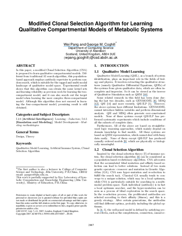 Pdf Modified Clonal Selection Algorithm For Learning Qualitative Compartmental Models Of