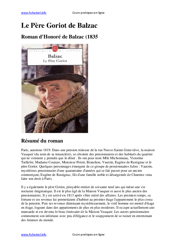 (PDF) Le Père Goriot de Balzac Roman d'Honoré de Balzac (1835 Résumé du ...
