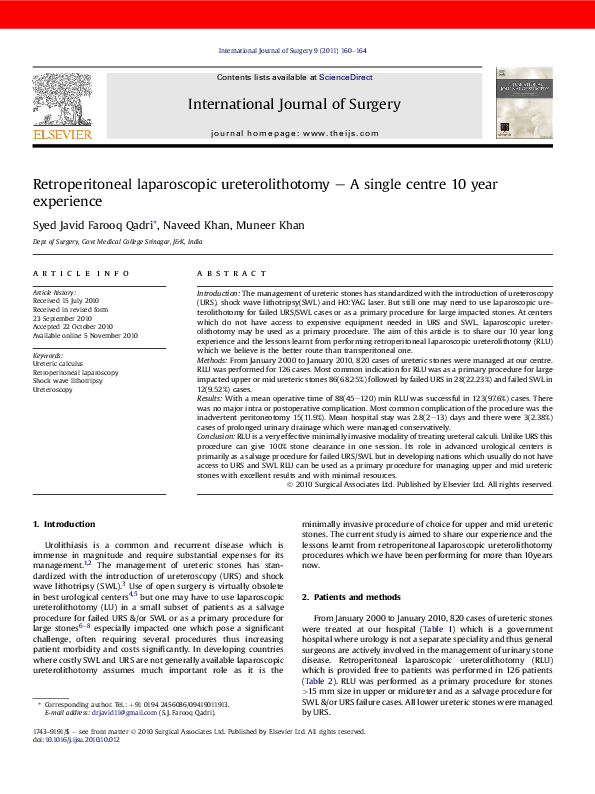 (PDF) Retroperitoneal laparoscopic ureterolithotomy – A single centre ...