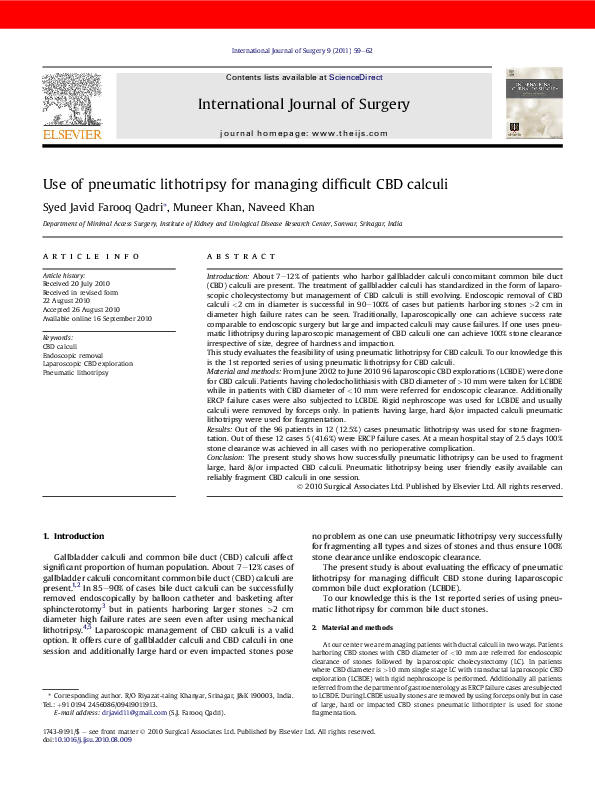 (PDF) Use of pneumatic lithotripsy for managing difficult CBD calculi