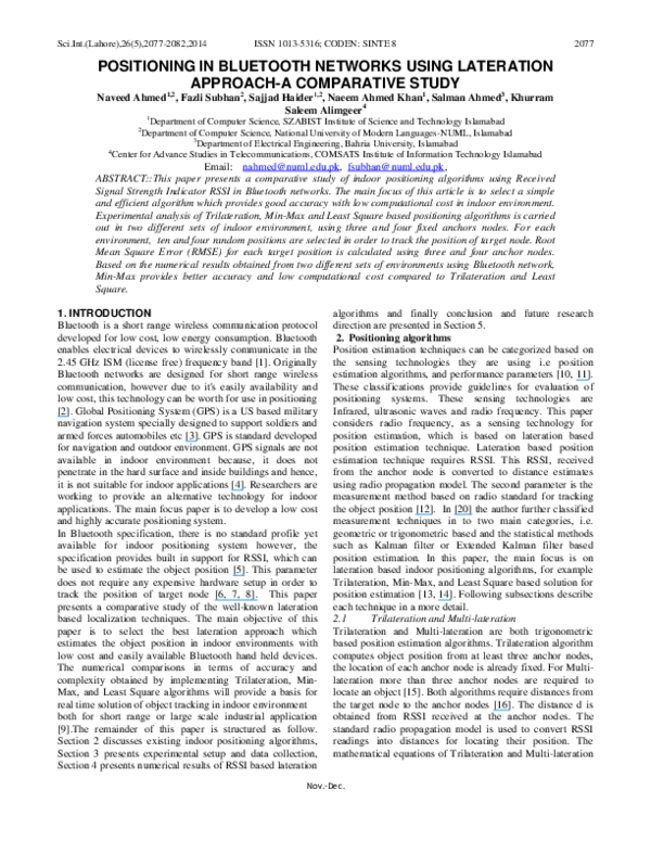(PDF) Positioning in Bluetooth Networks Using Lateration Approach-A Comparative Study