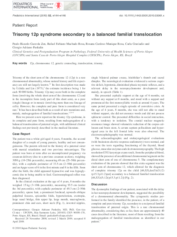 (PDF) Trisomy 12p syndrome secondary to a balanced familial translocation