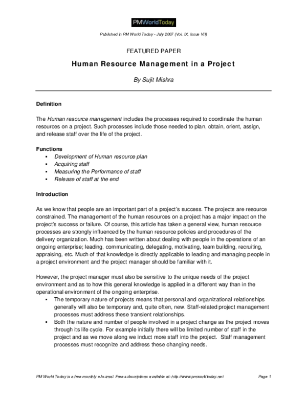 (PDF) Human Resource Management in a Project