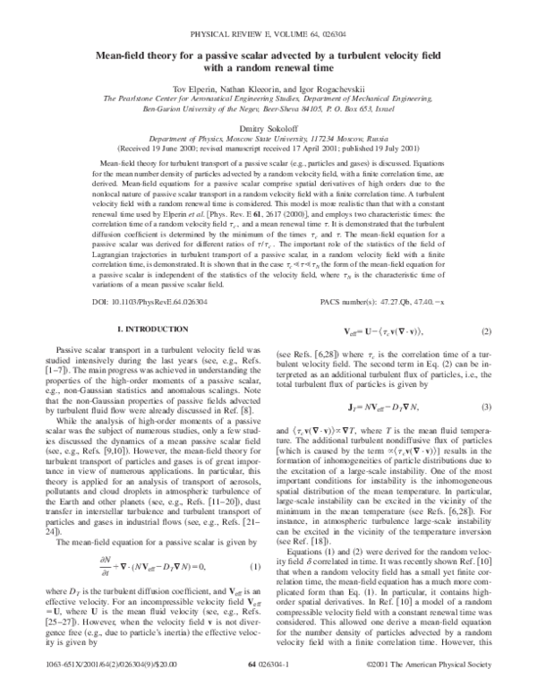 (PDF) Mean-field theory for a passive scalar advected by a turbulent velocity field with a ...