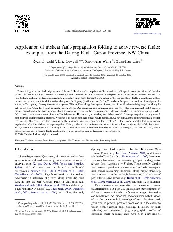 Pdf Application Of Trishear Fault Propagation Folding To Active Reverse Faults Examples From