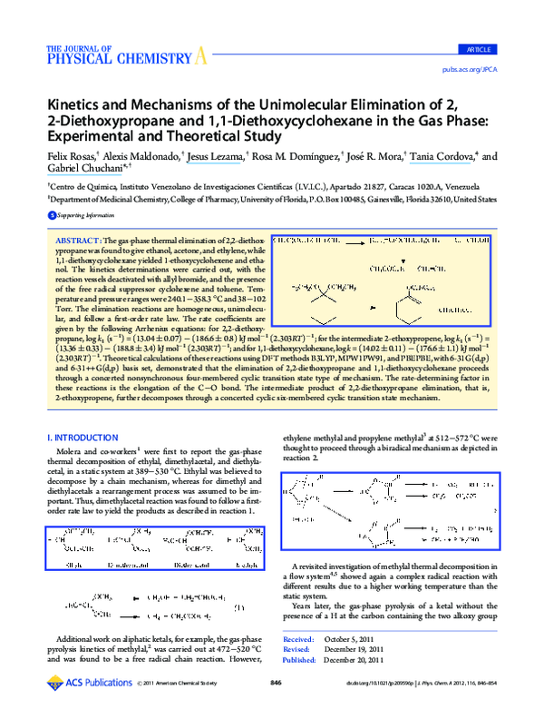(PDF) Kinetics and mechanisms of the unimolecular elimination of 2,2-diethoxypropane and 1,1 ...