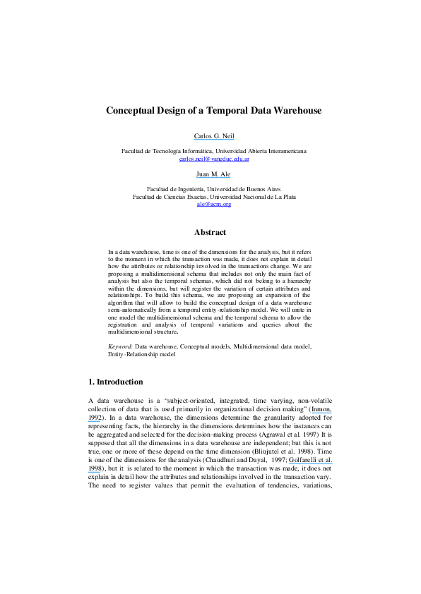 (PDF) Conceptual Design of a Temporal Data Warehouse | Juan Ale and Carlos Neil - Academia.edu