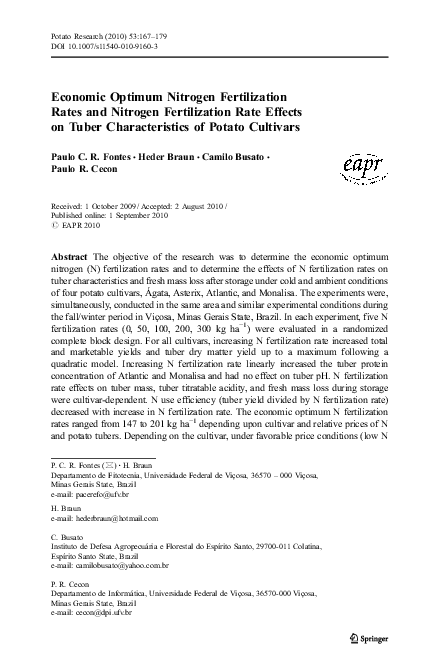 Pdf Economic Optimum Nitrogen Fertilization Rates And Nitrogen Fertilization Rate Effects On