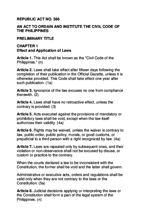 (PDF) REPUBLIC ACT NO. 386 AN ACT TO ORDAIN AND INSTITUTE THE CIVIL ...