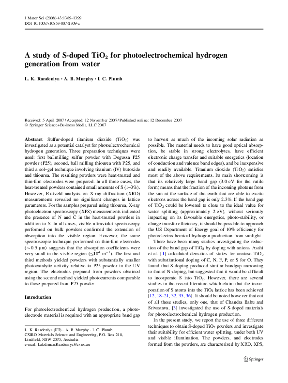 (PDF) A study of S-doped TiO2 for photoelectrochemical hydrogen ...