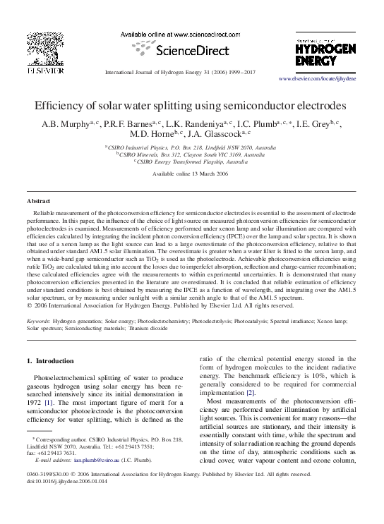 (PDF) Efficiency of solar water splitting using semiconductor electrodes