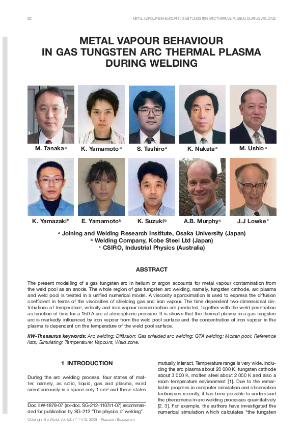 (PDF) Metal vapour behaviour in thermal plasma of gas tungsten arcs ...