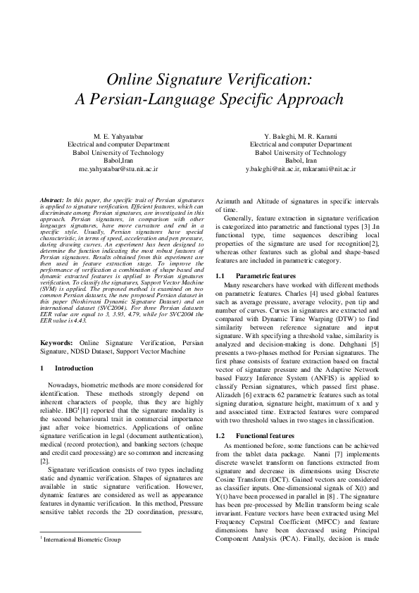 (PDF) Online Signature Verification: A Persian-Language Specific Approach