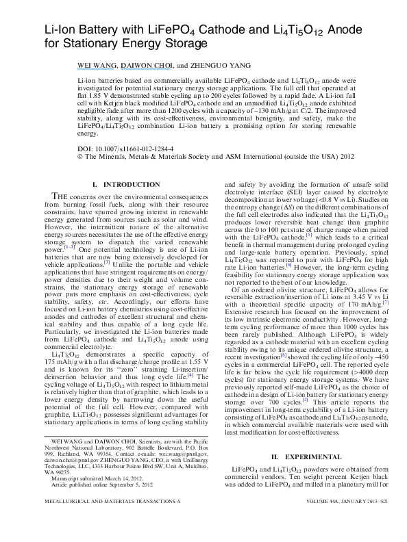 (PDF) Li-Ion Battery with LiFePO4 Cathode and Li4Ti5O12 Anode for ...